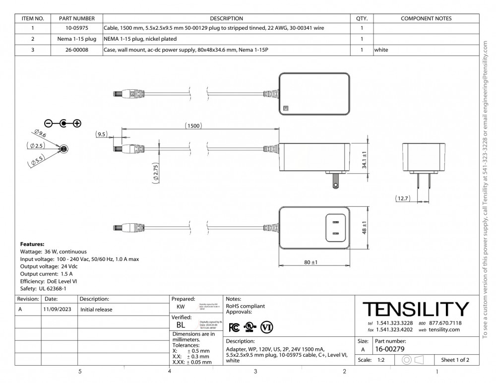 Tensility 16-00279 product drawing, page 1