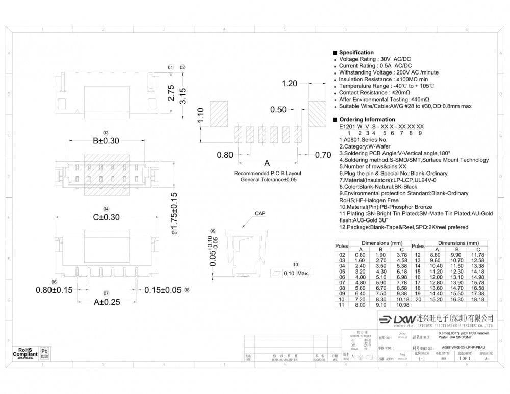 LXWCONN A0801WVS-04-LPHF-PBSN technical drawing preview