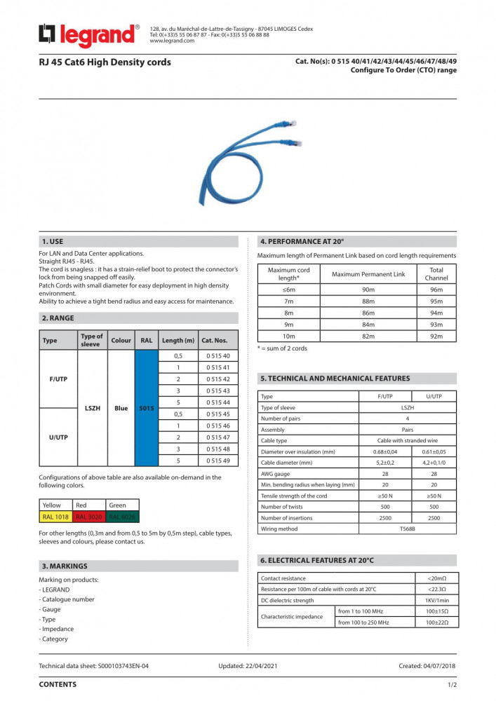 Legrand 051546 technical document, page 1