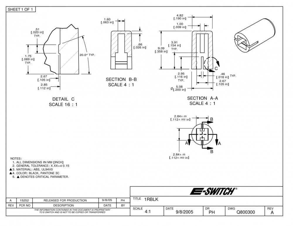 E-Switch 1RBLK technical drawing