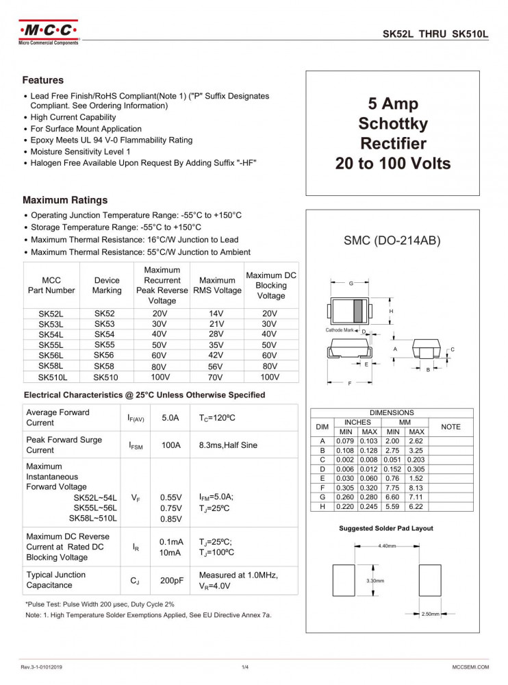 MCC SK54L-TP datasheet page 1