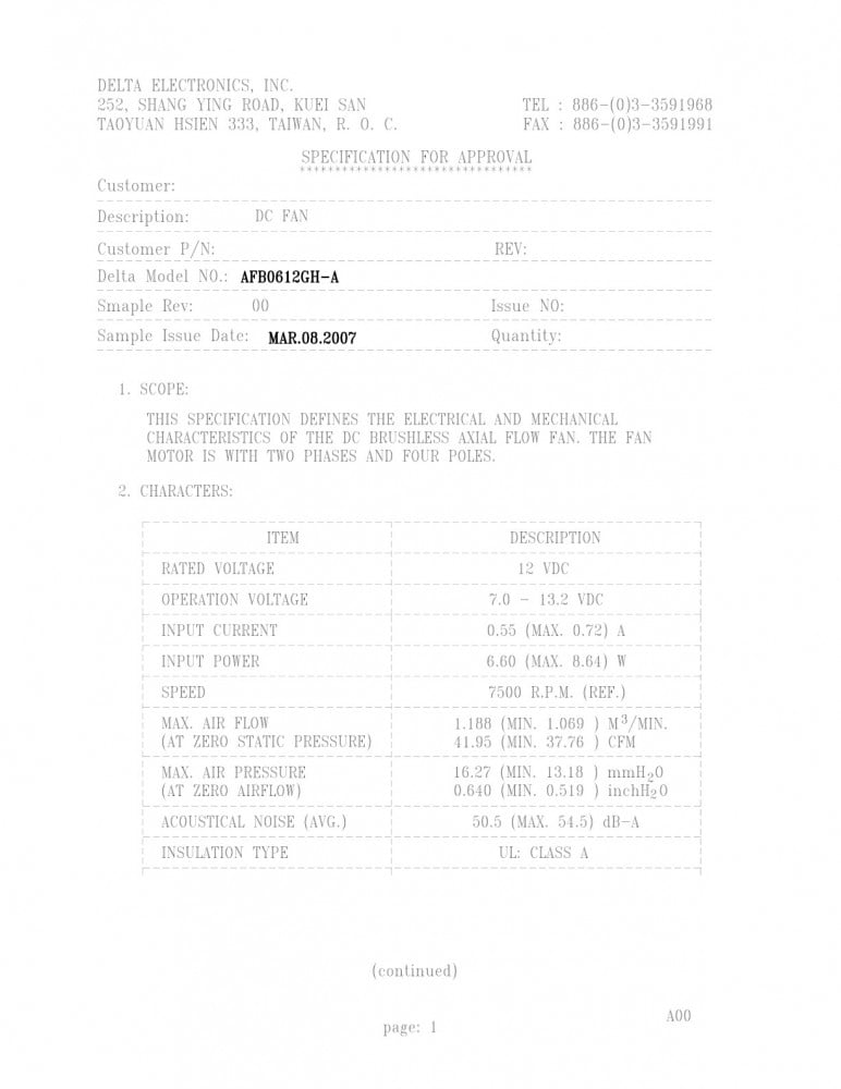 AFB0612GH-A specification page 1