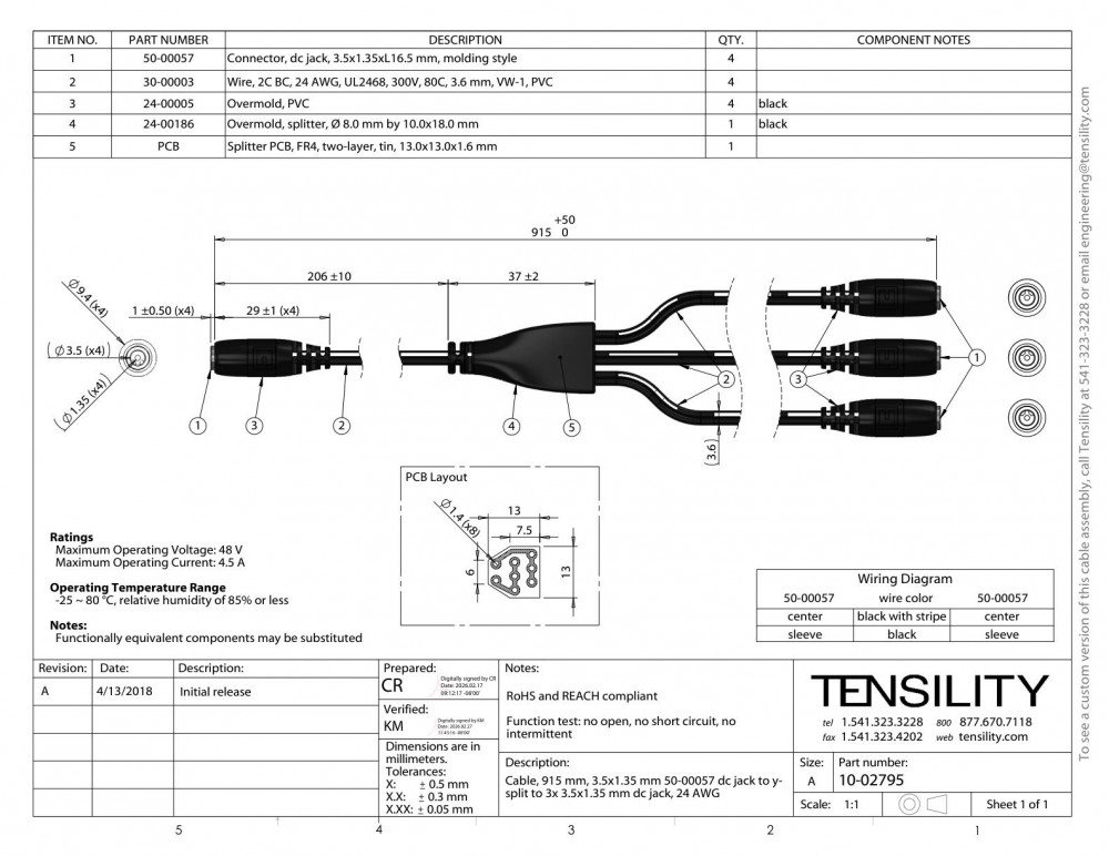 Tensility International 10-02795 product drawing and wiring reference