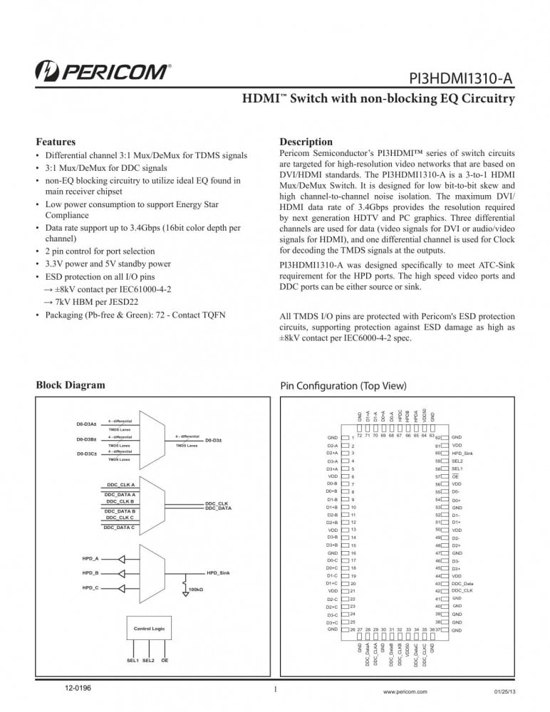 PI3HDMI1310-AZLEX datasheet page 1