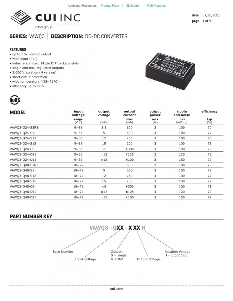 CUI VAWQ3 series datasheet page 1