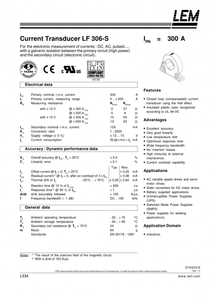 LEM LF 306-S technical document page 1