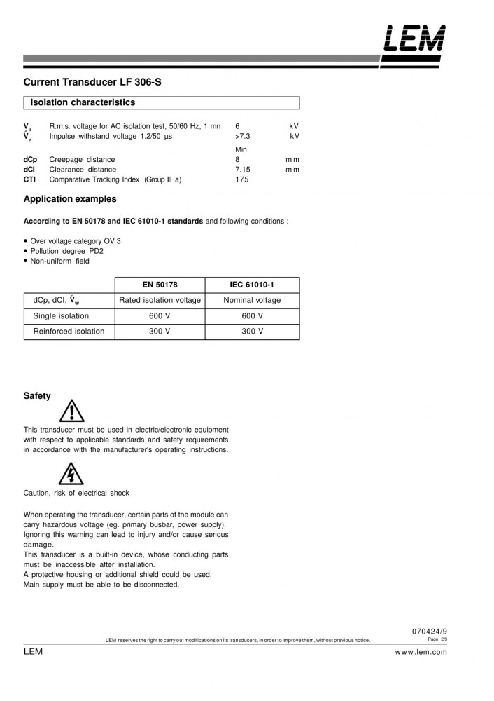 LEM LF 306-S technical document page 2