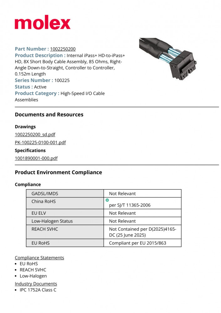 MOLEX MiniSAS HD cable assembly specification page 1