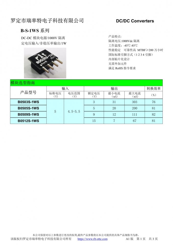 RLT B0505S-1WS datasheet page 1