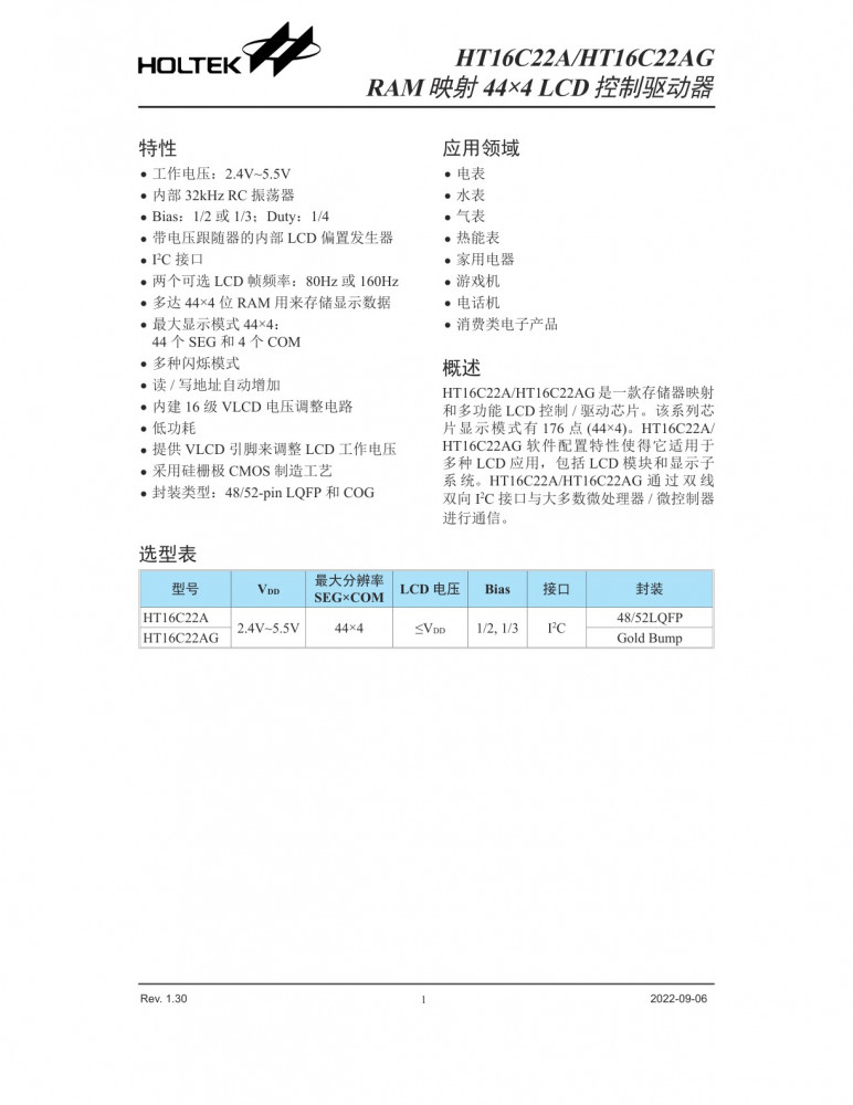 HT16C22A datasheet page 1