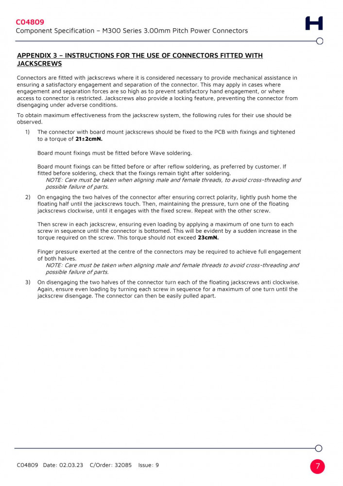 Harwin M300 specification page 7