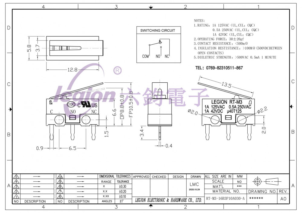Legion RT-M3-16B3P10A030-A technical document page
