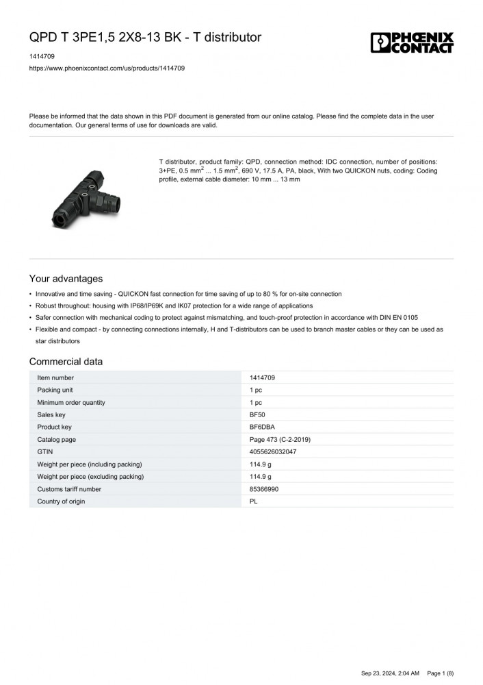 Phoenix Contact 1414709 technical document page 1