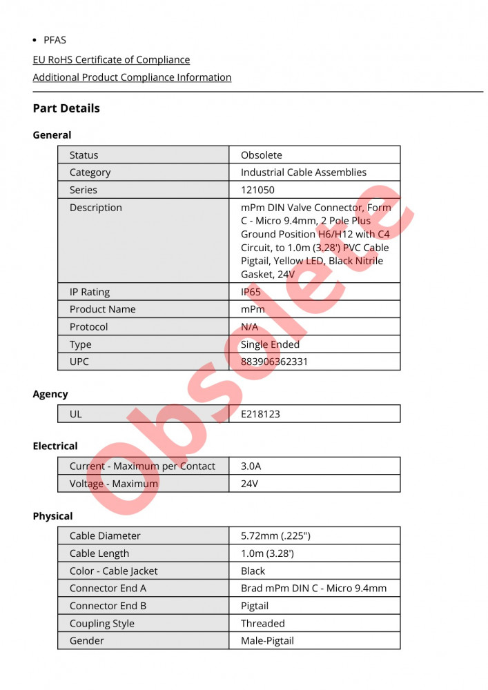 MOLEX 121050 family cable list and part matrix, page 2