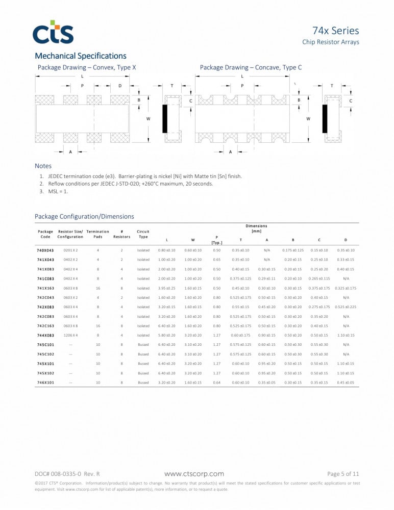 CTS 74x resistor array datasheet page 5