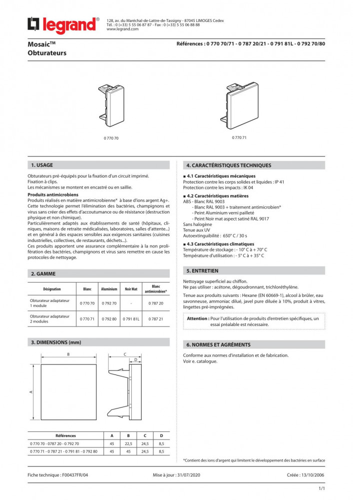 Legrand Mosaic technical documentation page for blanking adapters