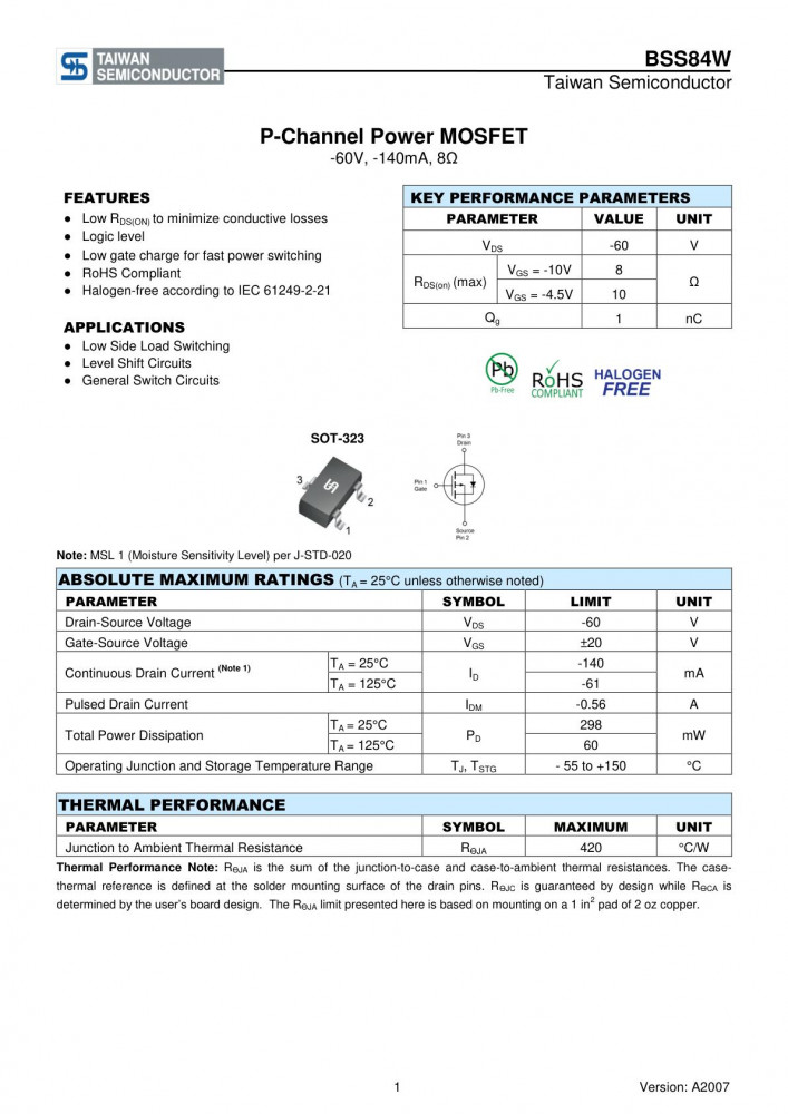 BSS84W datasheet page 1