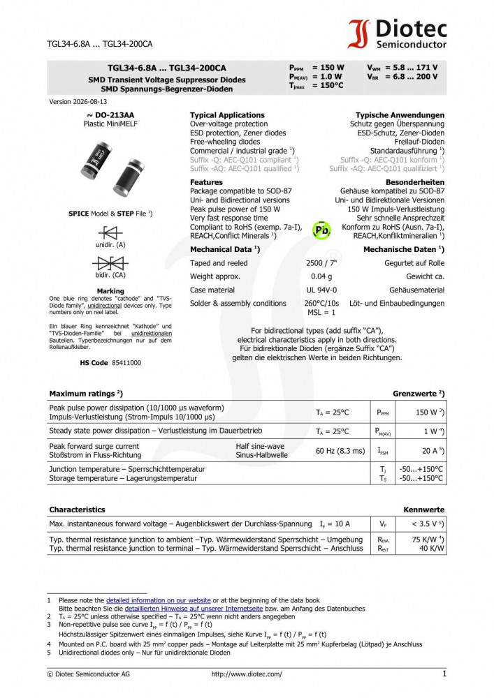 DIOTEC TGL34 series datasheet page 1
