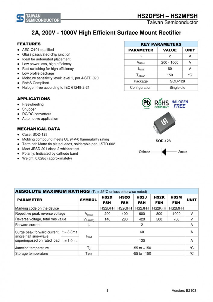 HS2DFSH datasheet page 1