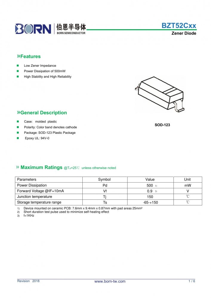 BZT52C2V7 datasheet page 1
