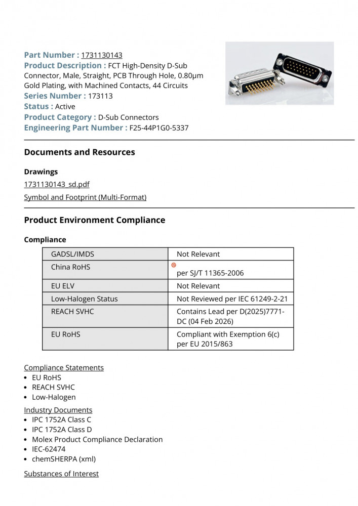 MOLEX 1731130143 technical drawing, page 1
