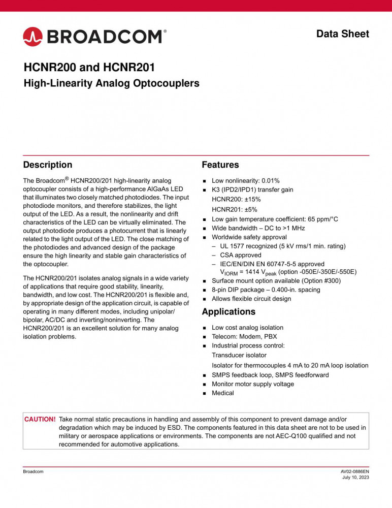 HCNR200 and HCNR201 datasheet page 1