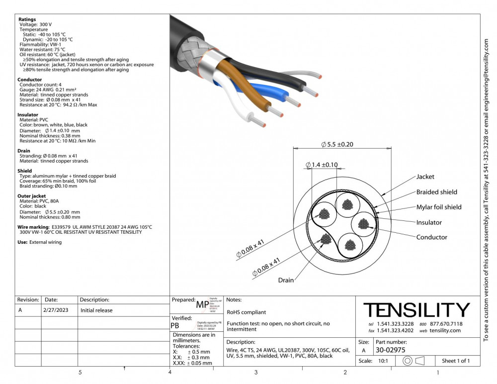 Tensility 30-02975 cable drawing and specification page