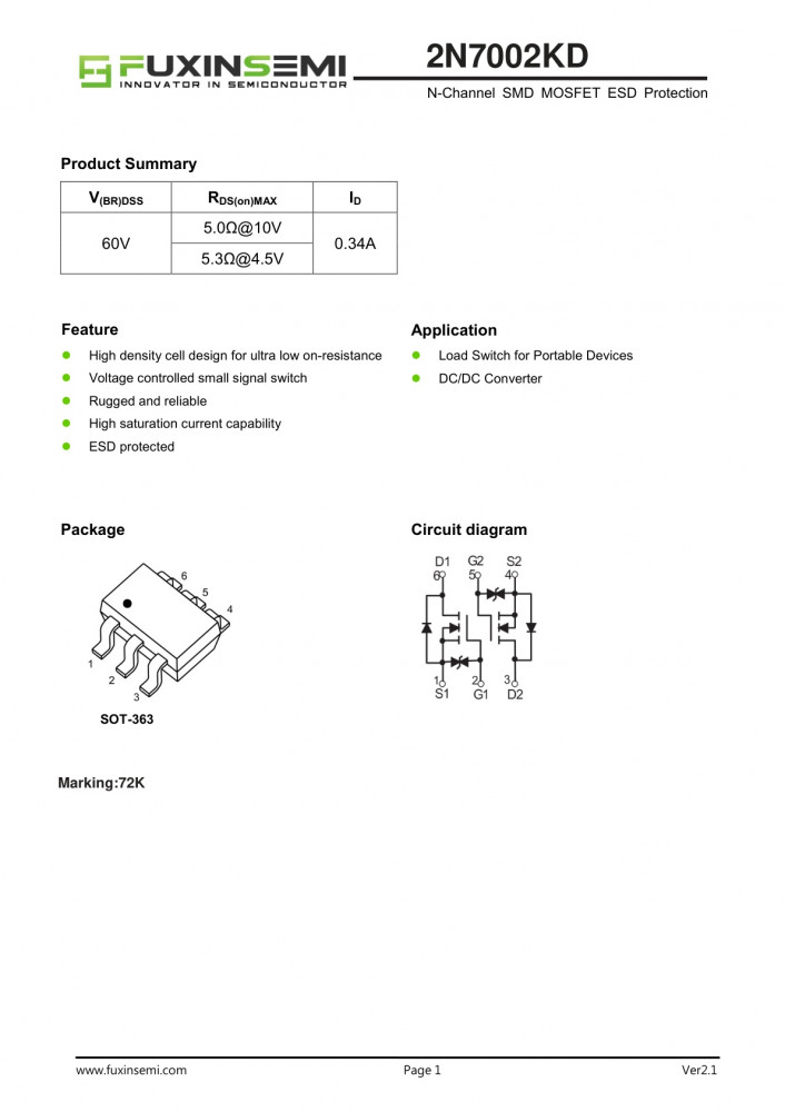 2N7002KD datasheet page 1