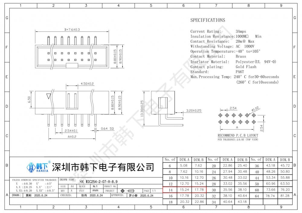 HX IDC254-2-07-W-8.9 technical drawing