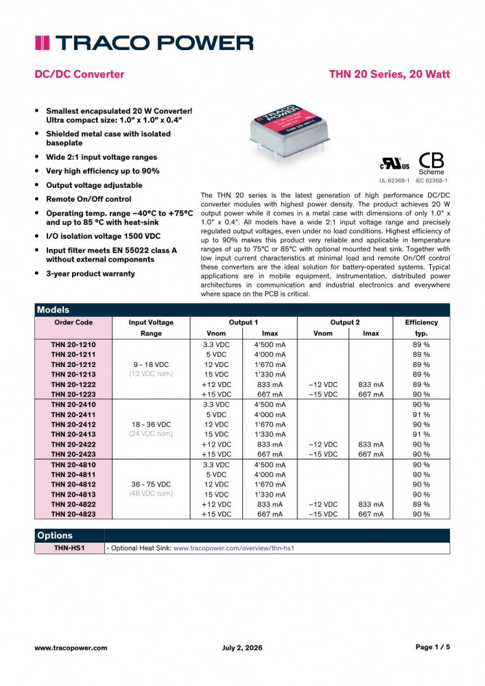 THN 20 series datasheet page 1