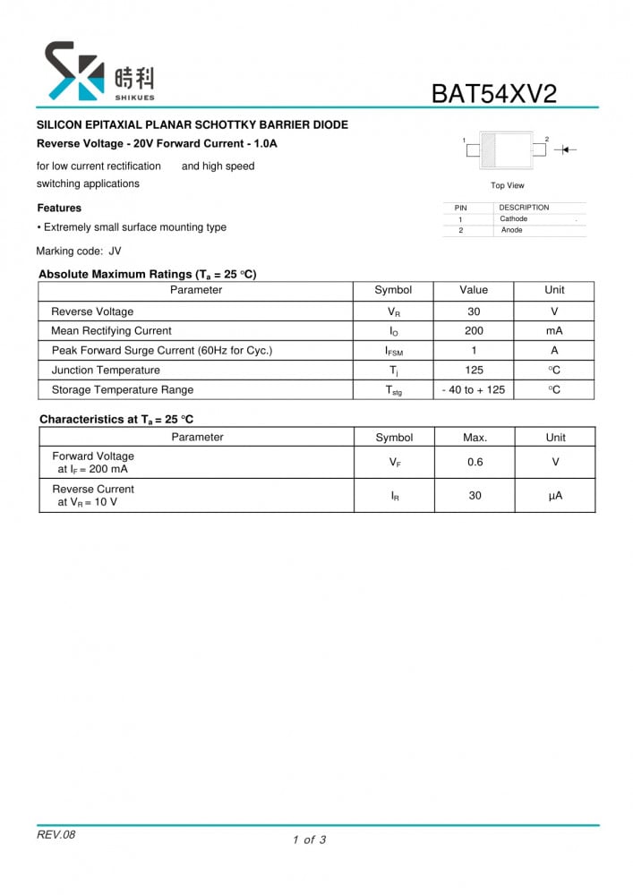 BAT54XV2 datasheet page 1