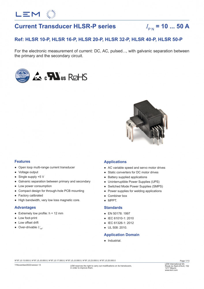 HLSR-P datasheet page 1