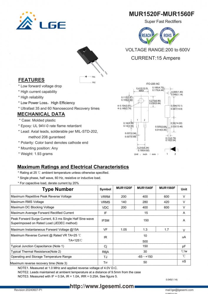LGE MUR1560F datasheet page 1