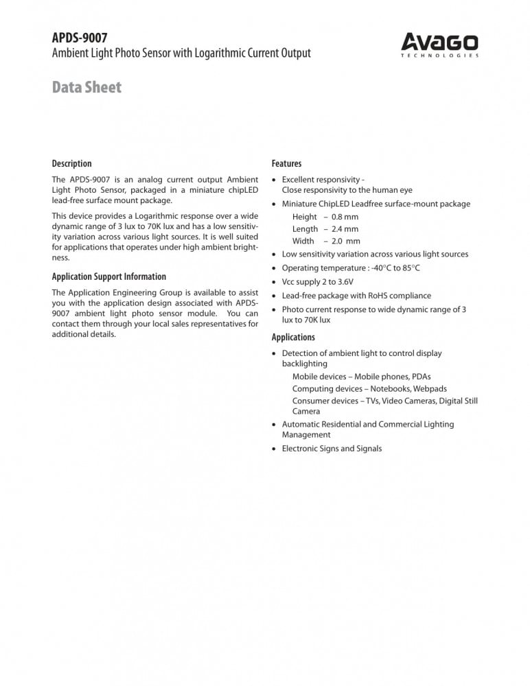 APDS-9007 datasheet page 1