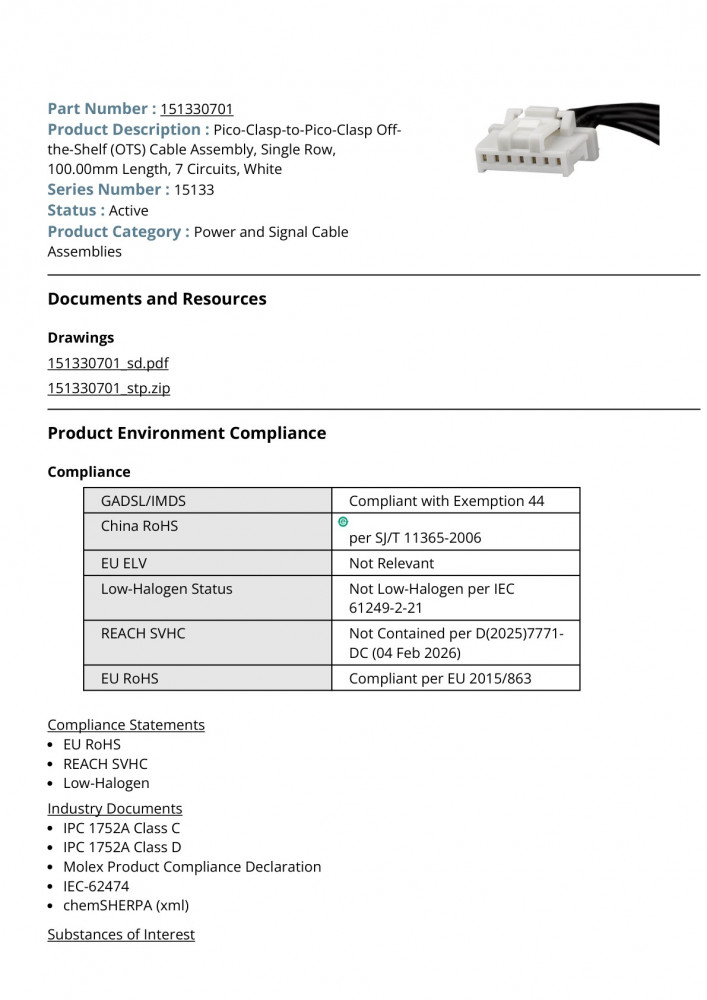 MOLEX 151330701 technical document image, page 1