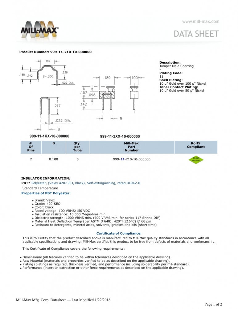 Mill-Max 999-11-210-10-000000 technical drawing page 1
