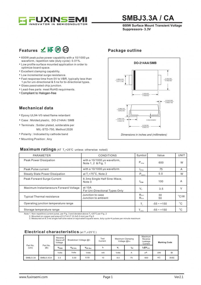 SMBJ3.3CA datasheet page 1