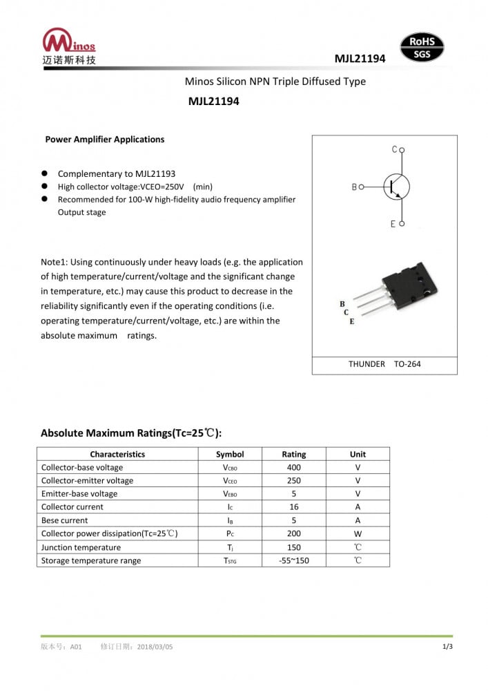 MJL21194 datasheet page 1