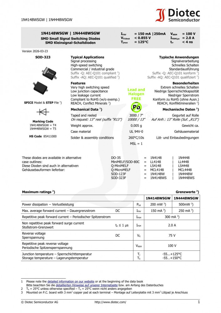 DIOTEC 1N4448WSGW datasheet page 1