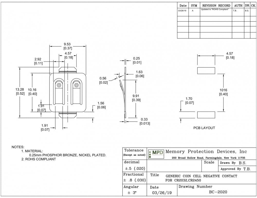 MPD BC-2020 PCB contact drawing