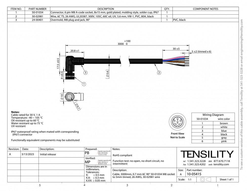 Tensility International 10-05415 product drawing and wiring diagram