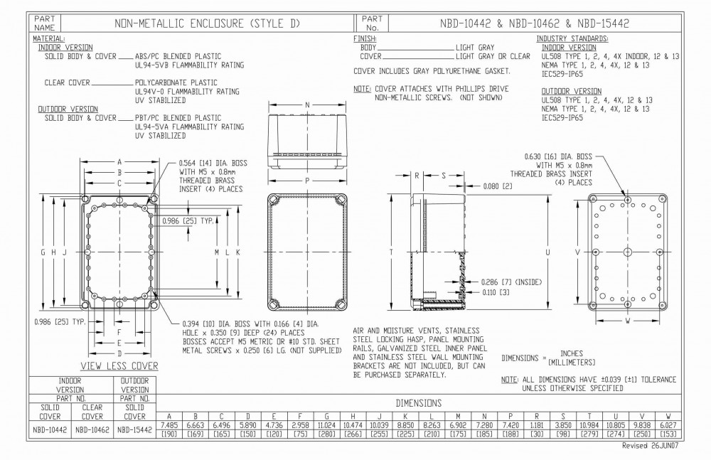 Bud Industries Style D non-metallic enclosure drawing, including NBD-10462