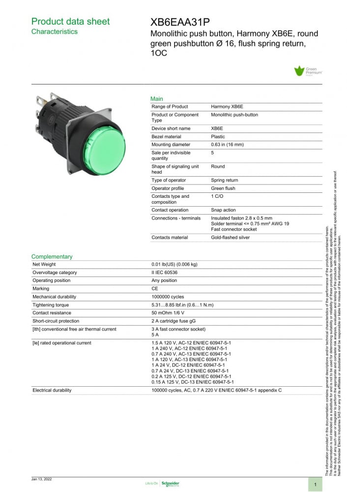 XB6EAA31P technical document page 1