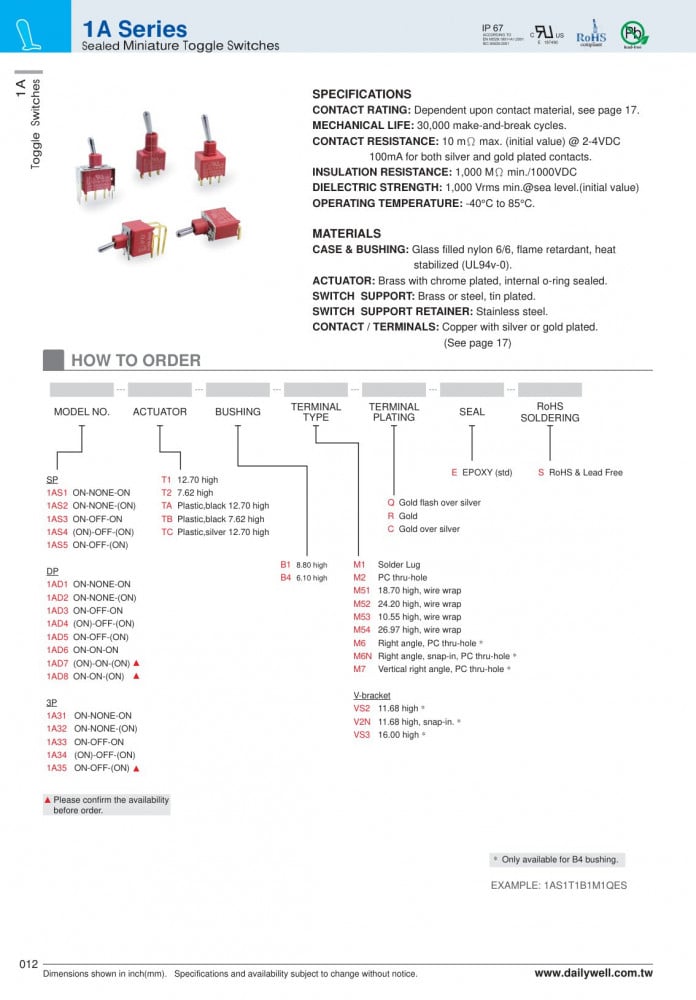 Dailywell toggle switch datasheet page 1