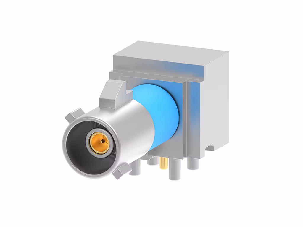 FAKRA Jack, Right-Angle, PCB Receptacle, Through Hole, Die Cast Body, Tin (Sn) Plated, Keying Code D, Die Cast, Tape and Reel, 50 Ohms