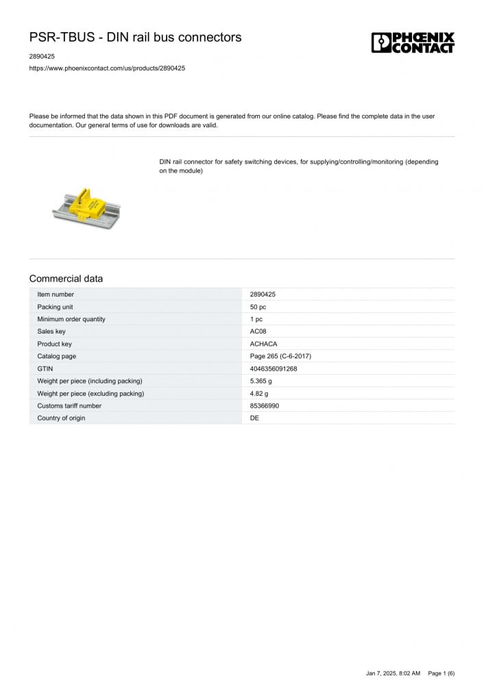 Phoenix Contact 2890425 technical document page 1