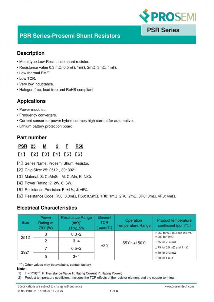 PSR Series datasheet page 1