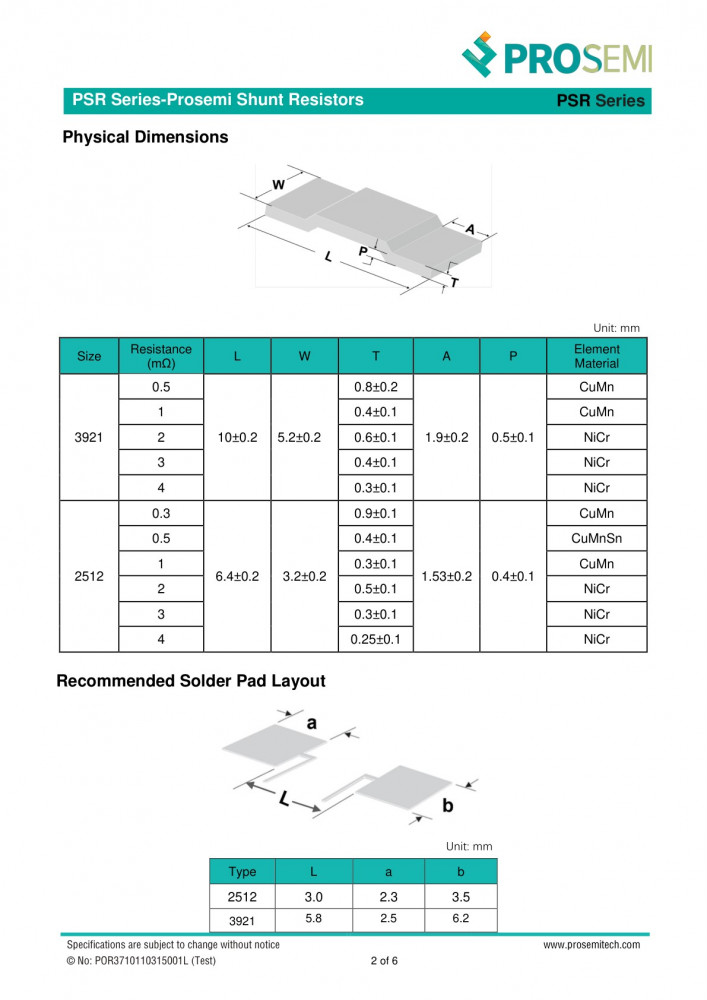 PSR Series datasheet page 2