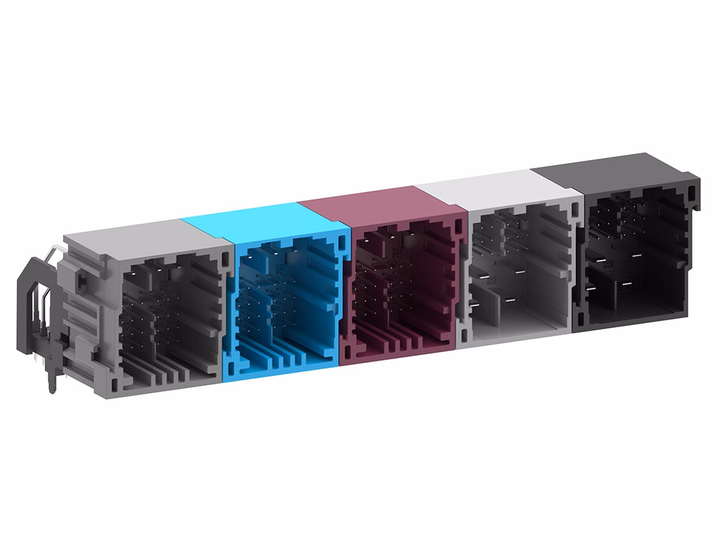 stAK50h 5 Bay Right-Angle Hybrid Header, 143 Circuits, Bay 1: 32 Circuits/Key 3/Dark Gray; Bay 2: 32 Circuits/Key 4/Purple; Bay 3: 27 Circuits/Key 3/Blue; Bay 4: 27 Circuits/Key 1/Black; Bay 5: 25 Circuits/Key 1/Green; Tube