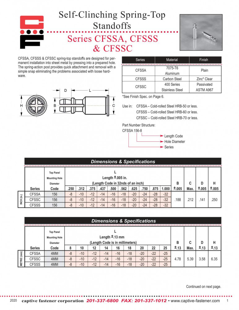 Captive Fastener spring-top standoff technical document, page 1